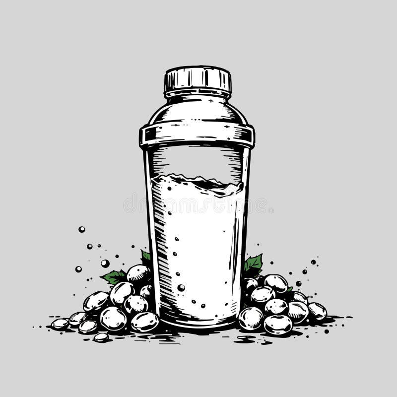 Protein Shake Bottle As Black and White Ink Vector Design Set for ...