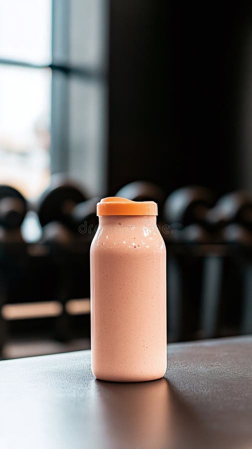 A Protein Shake Bottle Placed on a Workout Bench with Weights in the ...