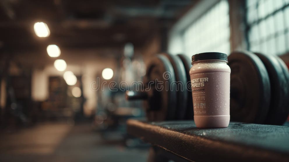 Protein Shake Rests on Gym Bench beside Weights at Training Facility ...