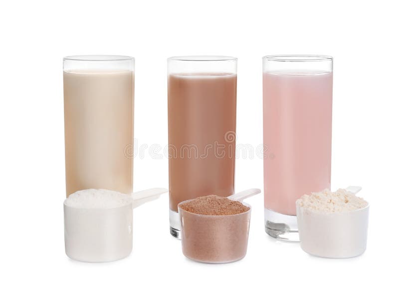 Protein Shakes and Different Types of Powder on White Stock Photo ...