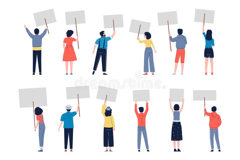 Protest Demonstration Characters with Placards Stand Backs on Picket ...
