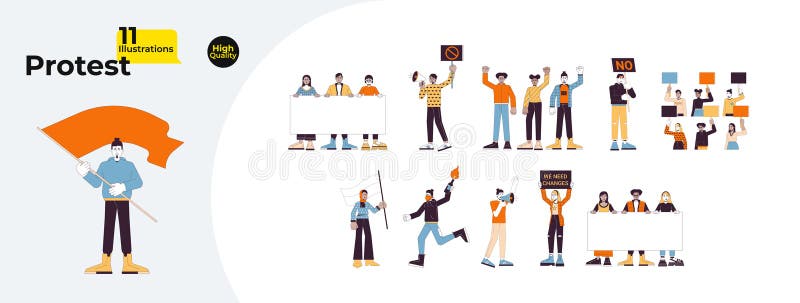 Protest Demonstration Line Cartoon Flat Illustration Bundle Stock ...