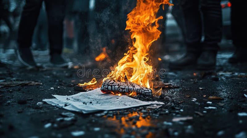 Protest Fire Igniting Papers Amidst a Thriving Crowded Urban Scene of ...