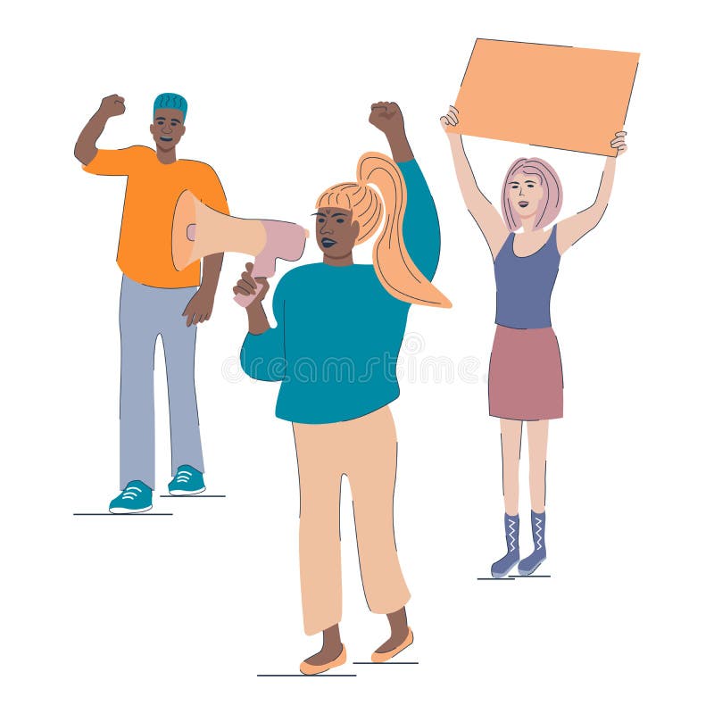 Protest Group of Human Two Women and Man Holding Banner Stock Vector ...