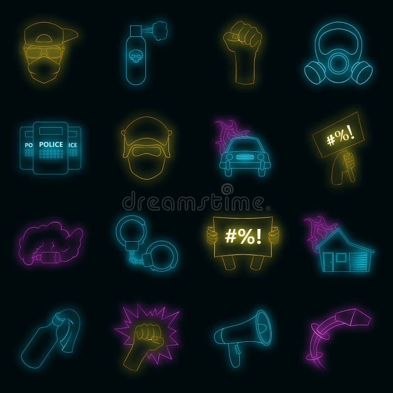 Protest Items Icons Set Vector Neon Stock Vector - Illustration of hand ...