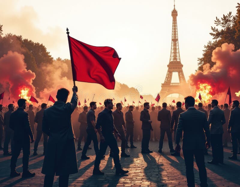 Protest in Paris Eiffel Tower Red Flag Demonstration Stock Illustration ...