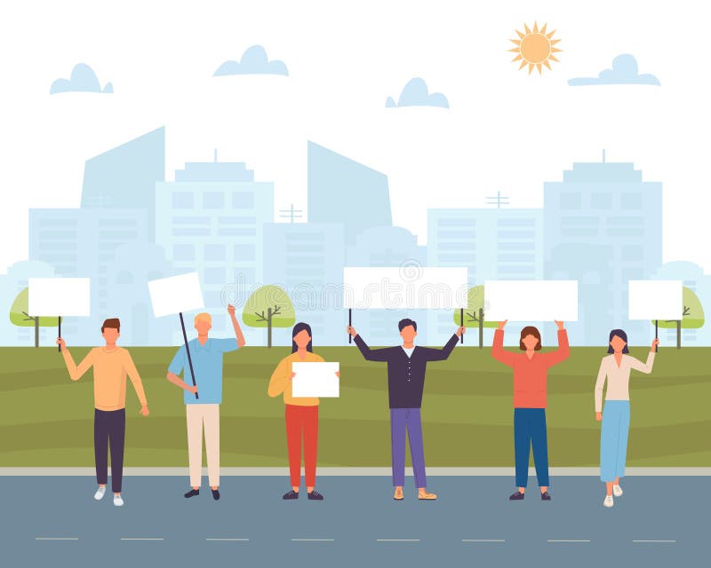 Protest People with Placard on the City Background. Crowd Protesting ...