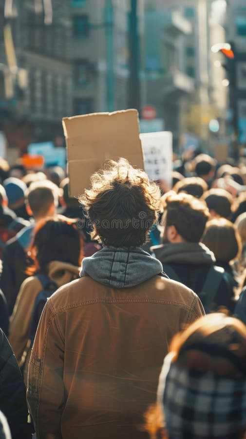 A Protester& X27;s Back To the Camera, Holding a Cardboard Sign High in ...