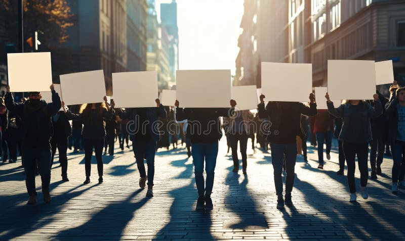 Protesters Holding Blank Signs, Demonstrating in Urban Setting ...