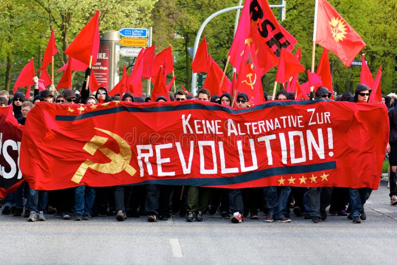 Protesters March with Red Banners Editorial Photography - Image of ...