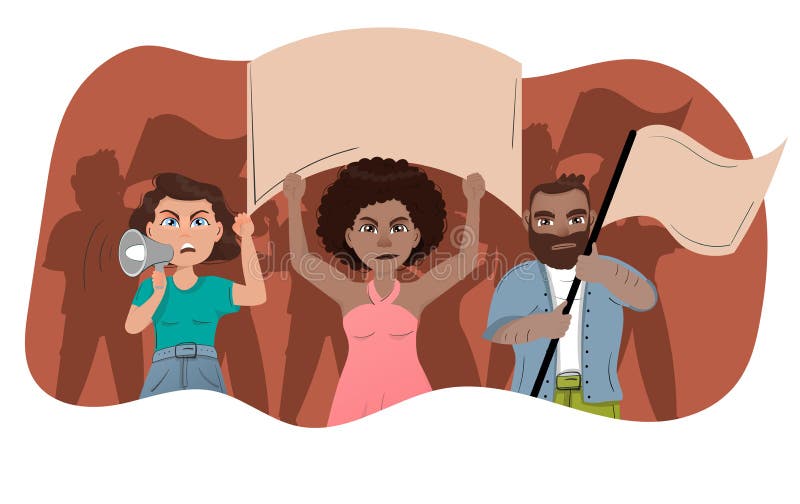 Protesting Angry People Shouting into Loudspeaker, Waving Flags and ...