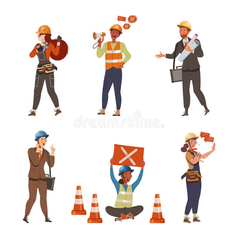 Protesting Construction Workers Set. Activists with Placards, Rights ...