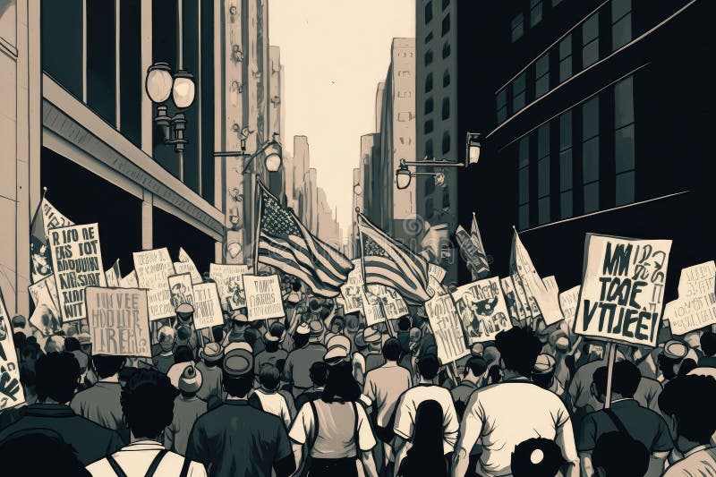 Protesting Crowd Marching through Downtown, with Banners and Signs ...