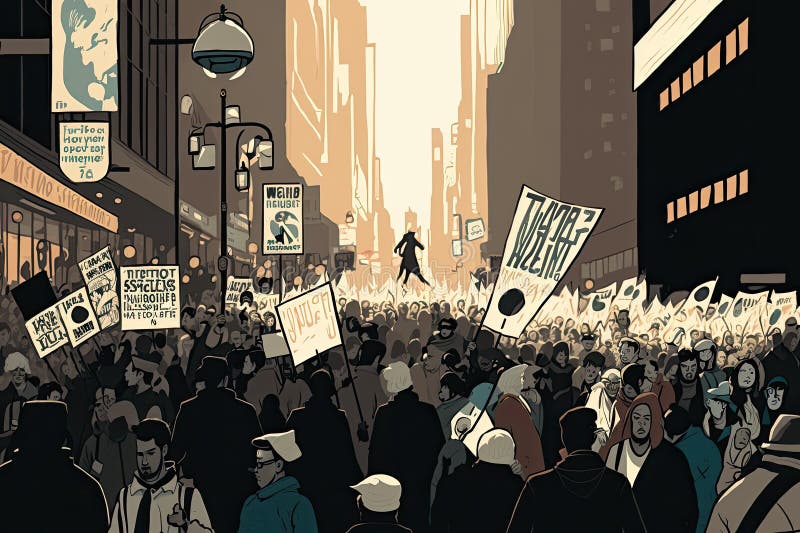 Protesting Crowd Marching through the Streets, with Banners and Signs ...