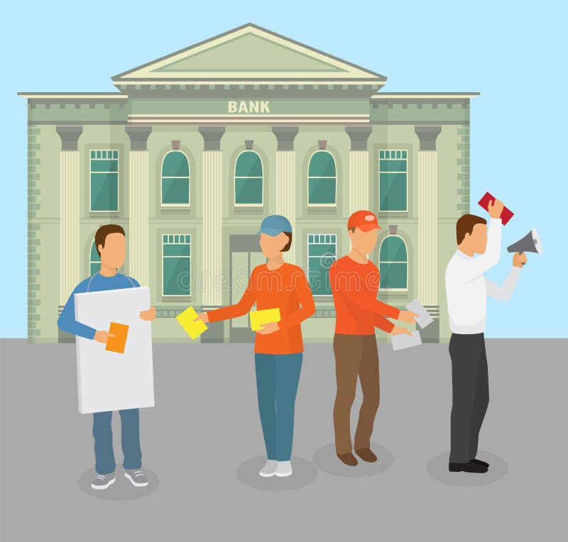 Protesting People Stand in Picket in Front of Bank Vector Illustration ...