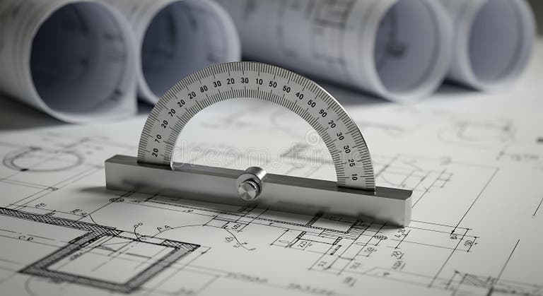 Protractor on Architectural Blueprint Rolls Creates a Technical Design ...