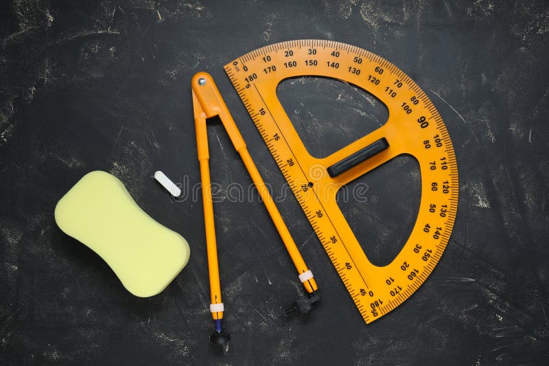 Protractor, Compass, Chalk and Sponge on Blackboard, Flat Lay Stock ...