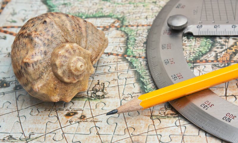 Protractor and Seashell on the Map Stock Photo - Image of north ...