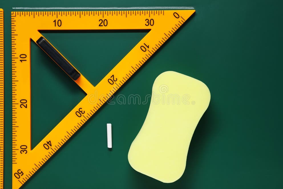 Protractor, Sponge, Chalk and Ruler on Green Chalkboard, Flat Lay Stock ...