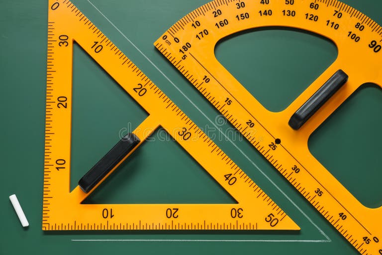 Protractor, Triangle and Chalk on Green Chalkboard, Flat Lay Stock ...