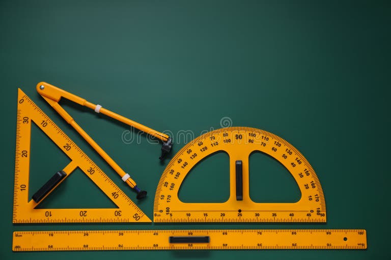 Protractor, Triangle, Ruler and Compass on Green Chalkboard, Flat Lay ...