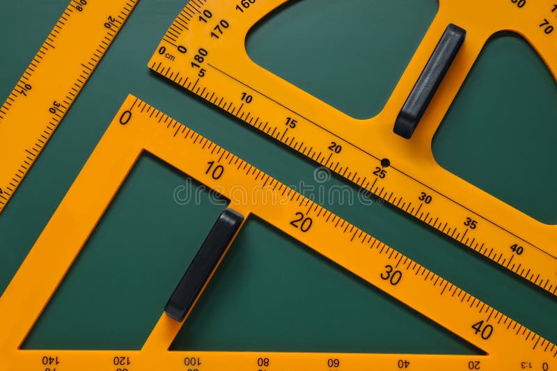 Protractor, Triangle and Ruler on Green Chalkboard, Flat Lay Stock ...