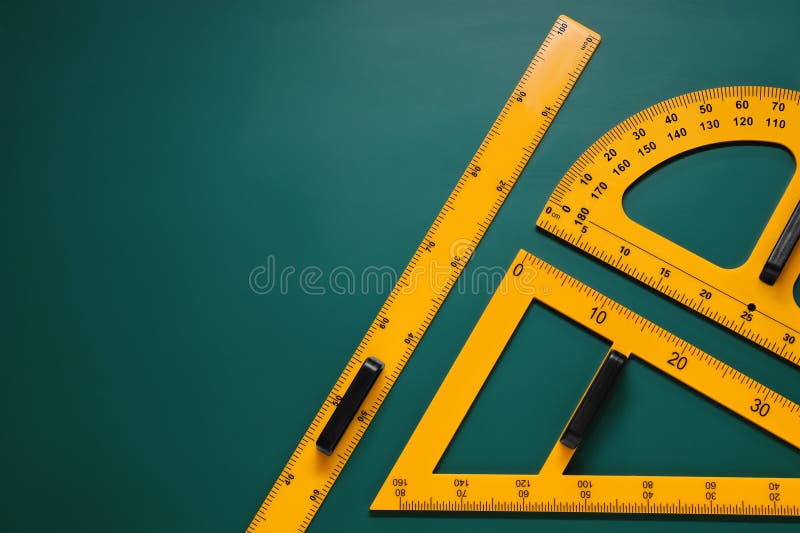 Protractor, Triangle and Ruler on Green Chalkboard, Flat Lay. Space for ...