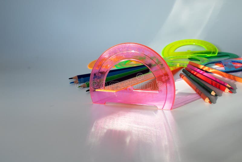 Protractors, Ruler and Colored Pencils Stock Image - Image of caliper ...