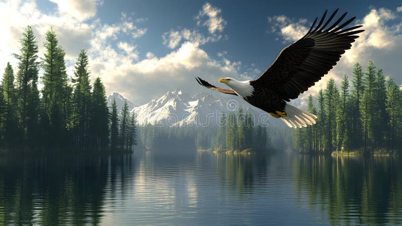 A Proud Bald Eagle Flying Over a Majestic Lake Stock Illustration ...
