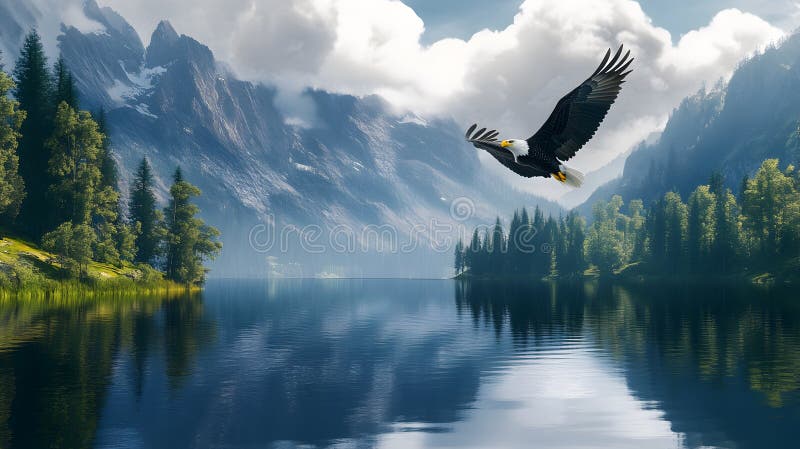 A Proud Bald Eagle Flying Over a Majestic Lake Stock Illustration - Illustration of proud, ocean ...