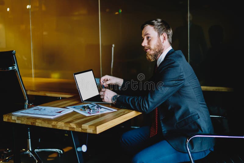Proud Ceo Working at Digital Laptop Computer with Blank Screen Area for ...