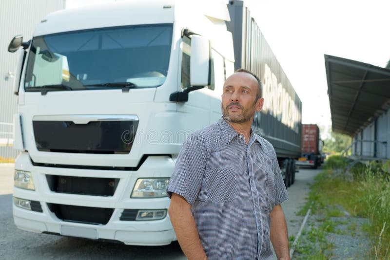 Proud Driver in Front Trucks and Trailers Stock Photo - Image of ...
