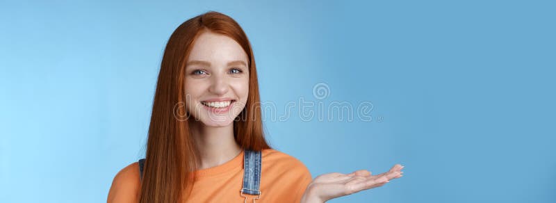 Proud Good Looking Confident Redhead Girl Present Awesome Product Hold