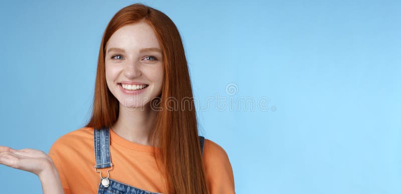 Proud Good Looking Confident Redhead Girl Present Awesome Product Hold