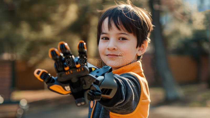 Proud Little Kid Showing His Prosthetic Bionic Arm Stock Illustration ...