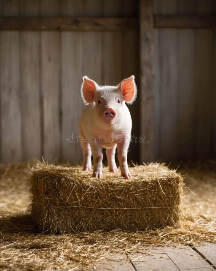 Proud Piglet Standing on Hay Bale in Barn. Stock Image - Image of ...