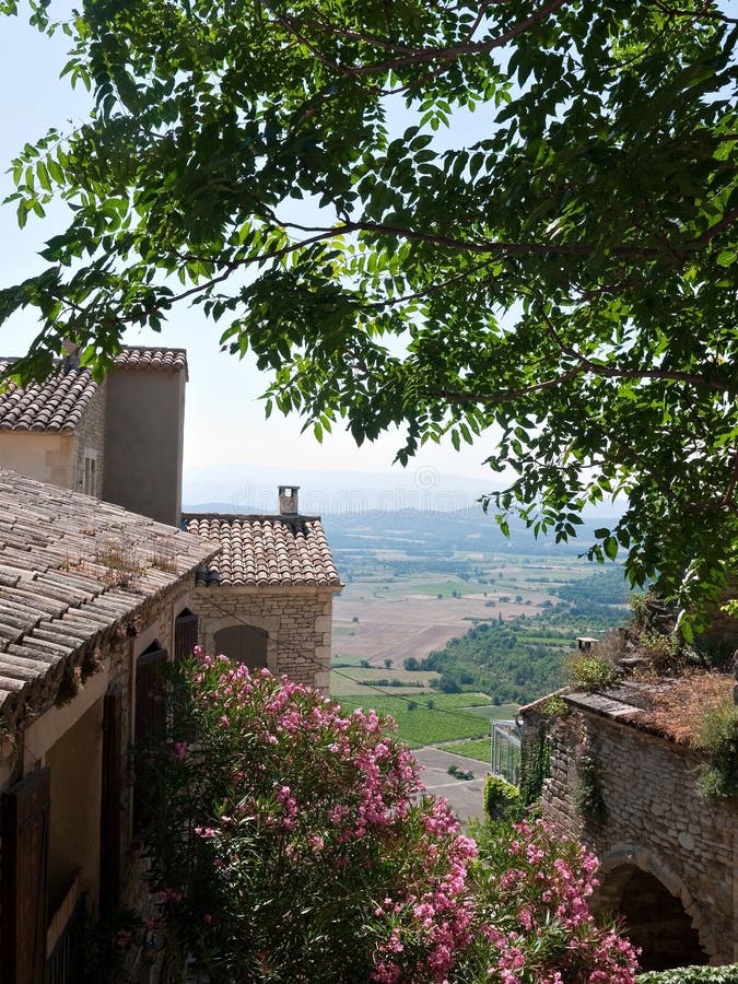Provence View with Oleander Stock Photo - Image of destination, village ...