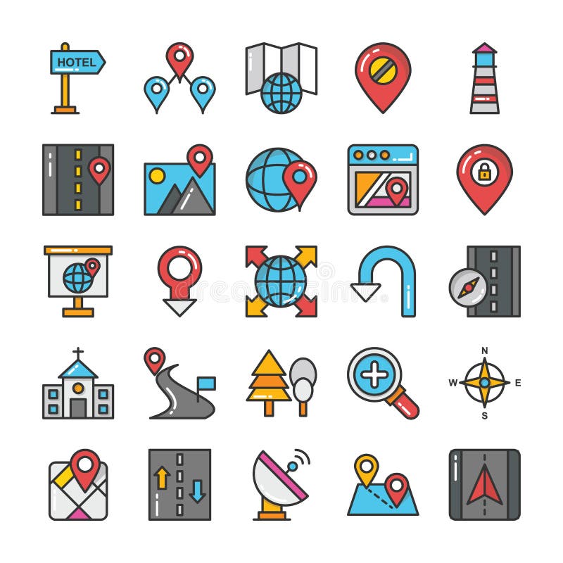 Maps and Navigation Colored Vector Icons Set Stock Illustration ...