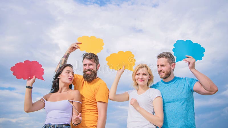 Providing Communication within Group. Friends Send Messages on Comic ...