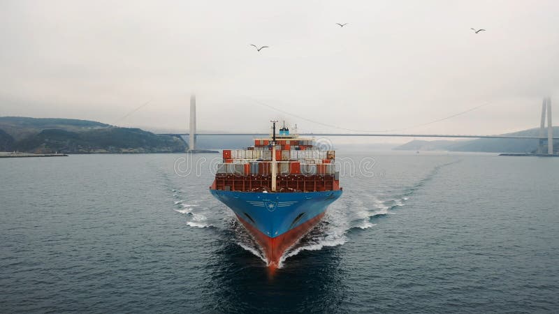 Prow and Container Loaded Foredeck of the Ship Underway. Editorial ...