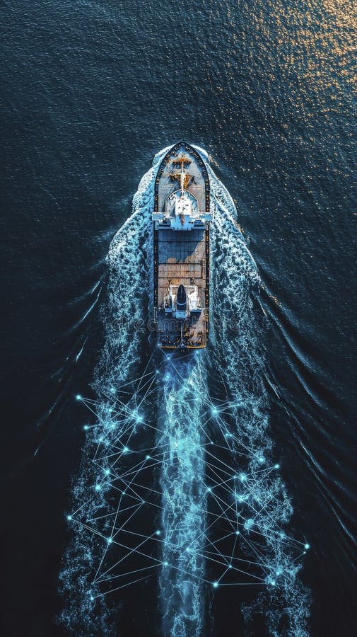 Prow of Ship Navigating through a Digital Sea Stock Illustration ...