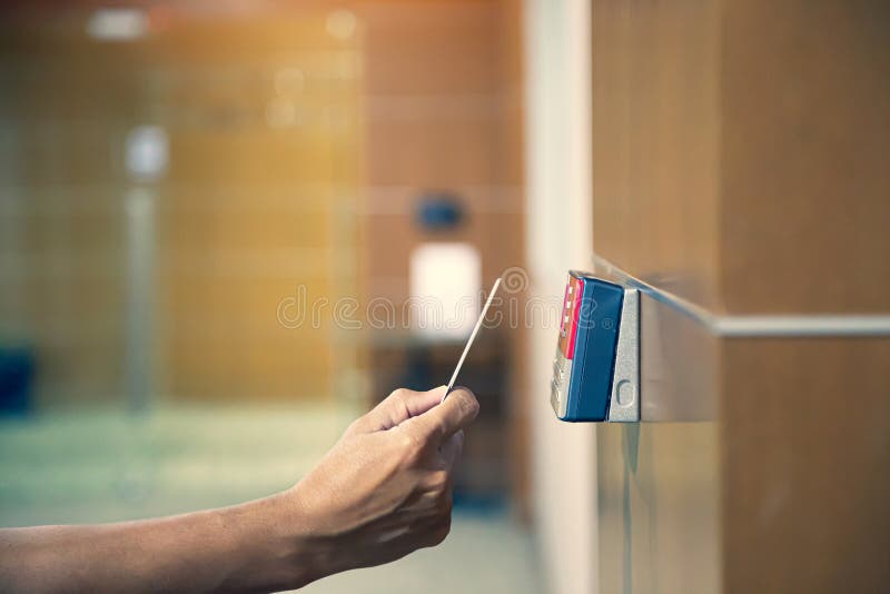 Close Up Hand Security Man Using ID Card Scanning at the Access Control ...
