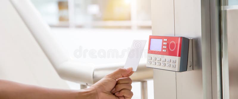 Close Up Hand Security Man Using ID Card Scanning at the Access Control ...