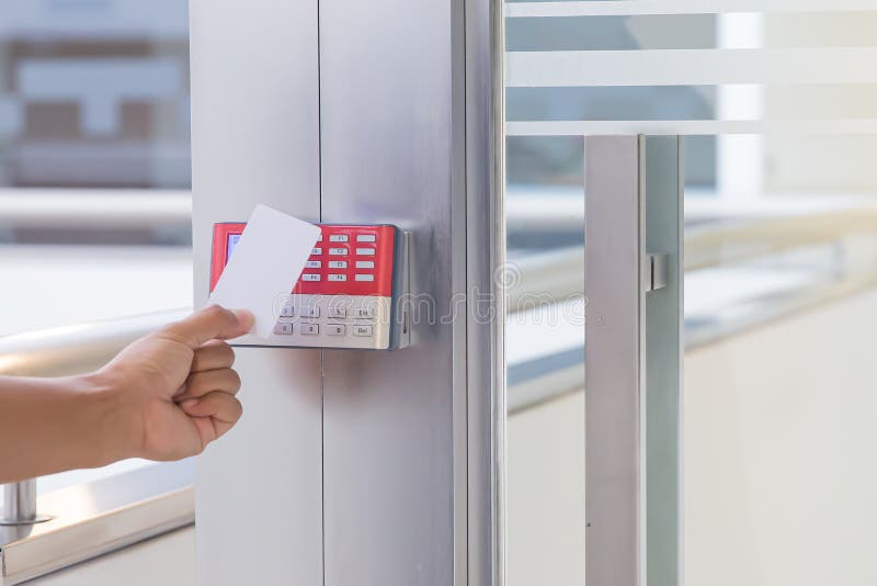 Close Up Hand Security Man Using ID Card Scanning at the Access Control ...