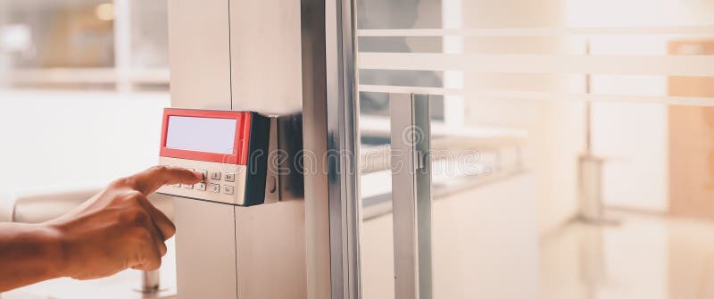 Proximity Card Reader Door Unlock, Hand Security Man Press Button on ID ... Proximity Card Reader Door Unlock, Hand Security Man Press Button on ID ...