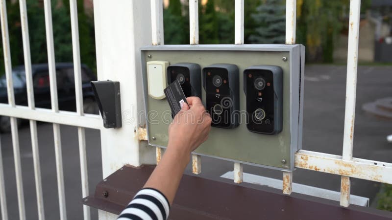 Proximity Card Reader Door Unlock, Hand Security Man Using ID Card on ... Proximity Card Reader Door Unlock, Hand Security Man Using ID Card on ...