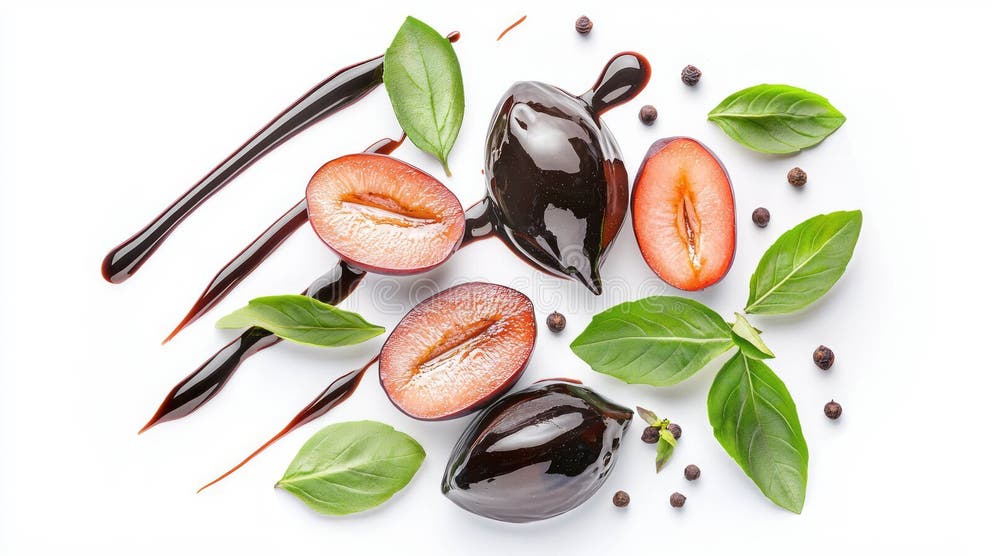Prune and Balsamic Vinegar Arrangement with Fresh Basil for Culinary ...