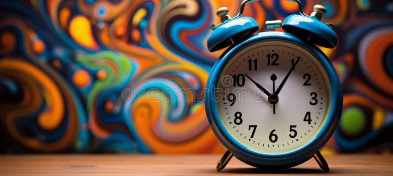 Time Concept Mock Up. Alarm Clock on Stage Podium on Abstract Vivid ...