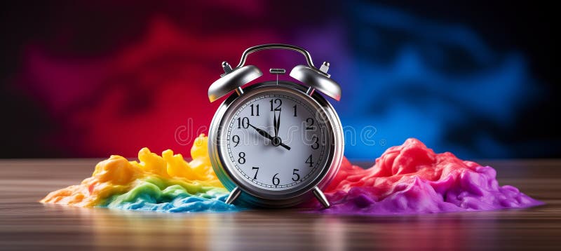 Time Concept Mock Up. Alarm Clock on Stage Podium on Abstract Vivid ...