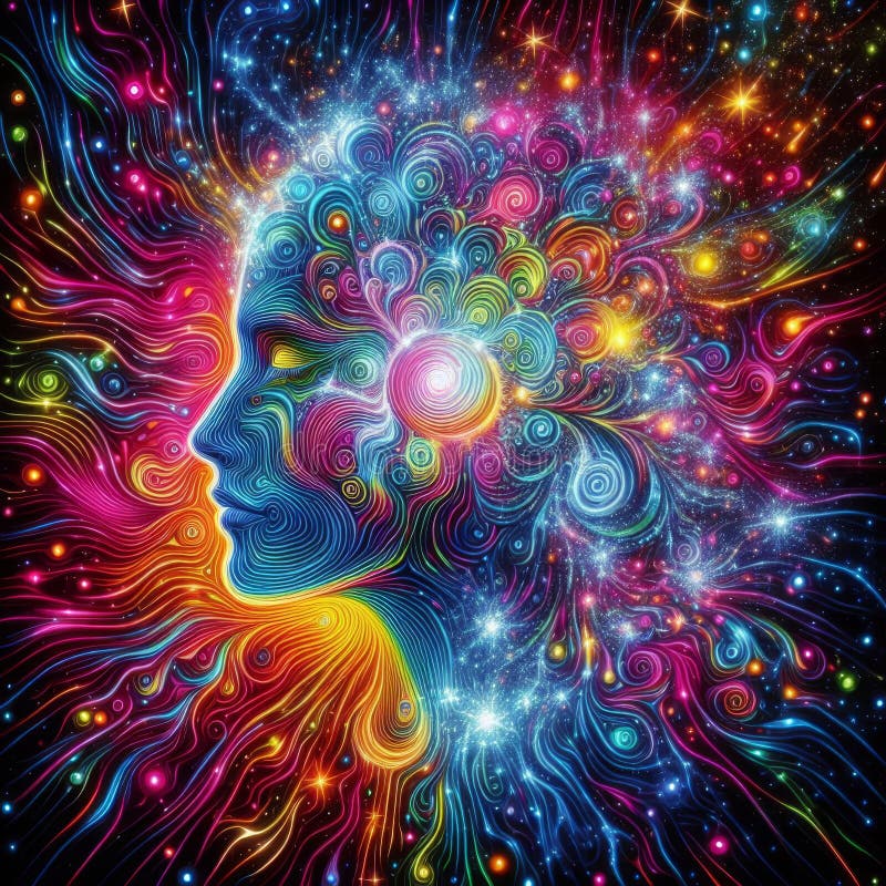 Psychedelic Abstract Face Surrounded by Vivid Cosmic Swirls Stock Image ...